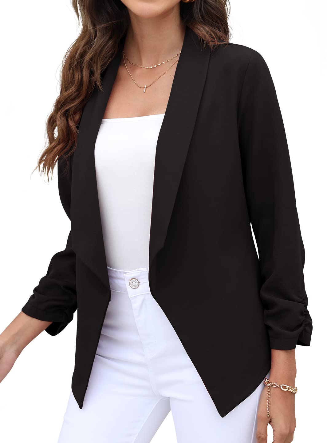 GRECERELLE Women's Blazer Suit Open Front Cardigan 3/4 Sleeve Fitted Jacket Casual Office Cropped Blazer Black-16