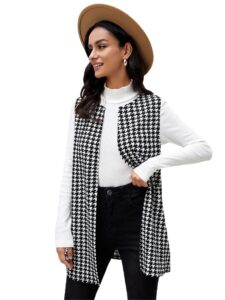 wdirara women's plaid button open front sleeveless blazer jacket black houndstooth l