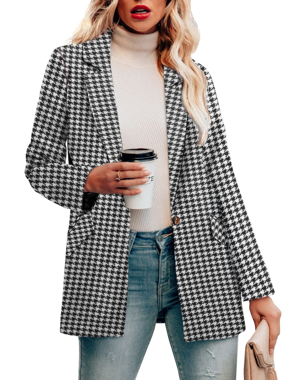 CRAZY GRID Womens Casual Blazer Long Sleeve Business Suit Jacket Open Front Button Work Office Blazer Jacket Fashion Dressy Ladies Blazer Blackish Green Large