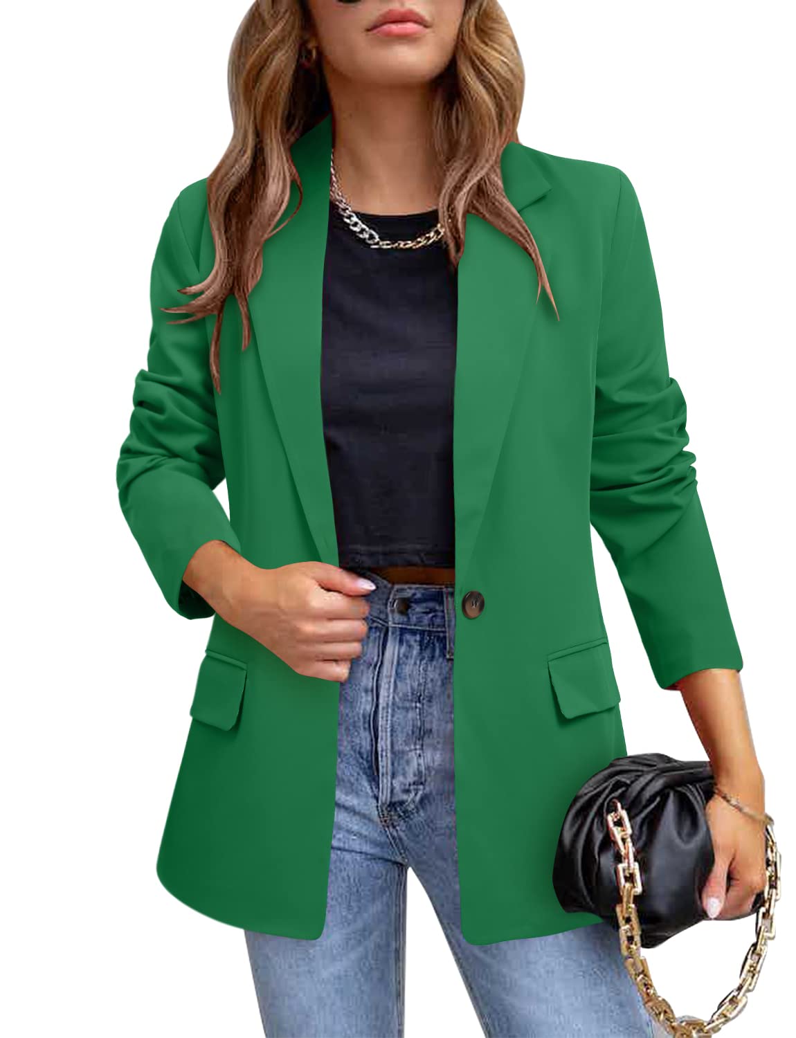 CRAZY GRID Womens Casual Blazer Long Sleeve Business Suit Jacket Open Front Button Work Office Blazer Jacket Fashion Dressy Ladies Blazer Green Size Large