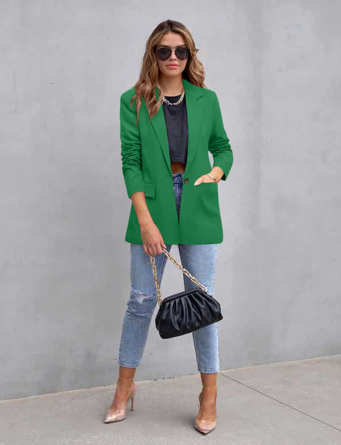 CRAZY GRID Womens Casual Blazer Long Sleeve Business Suit Jacket Open Front Button Work Office Blazer Jacket Fashion Dressy Ladies Blazer Green Size Large