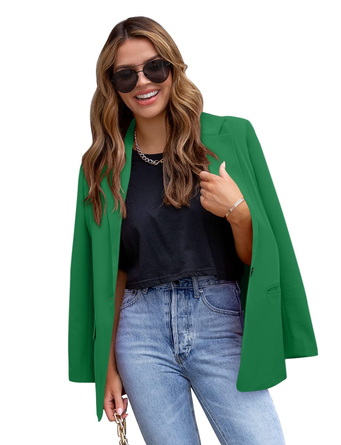 CRAZY GRID Womens Casual Blazer Long Sleeve Business Suit Jacket Open Front Button Work Office Blazer Jacket Fashion Dressy Ladies Blazer Green Size Large