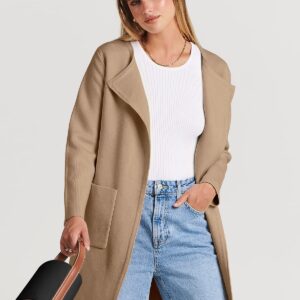 ANRABESS Women's Open Front Knit Lightweight Cardigan Casual Long Coatigan Sweater Lady Jacket Coat 2024 Fall Outerwear Large Khaki