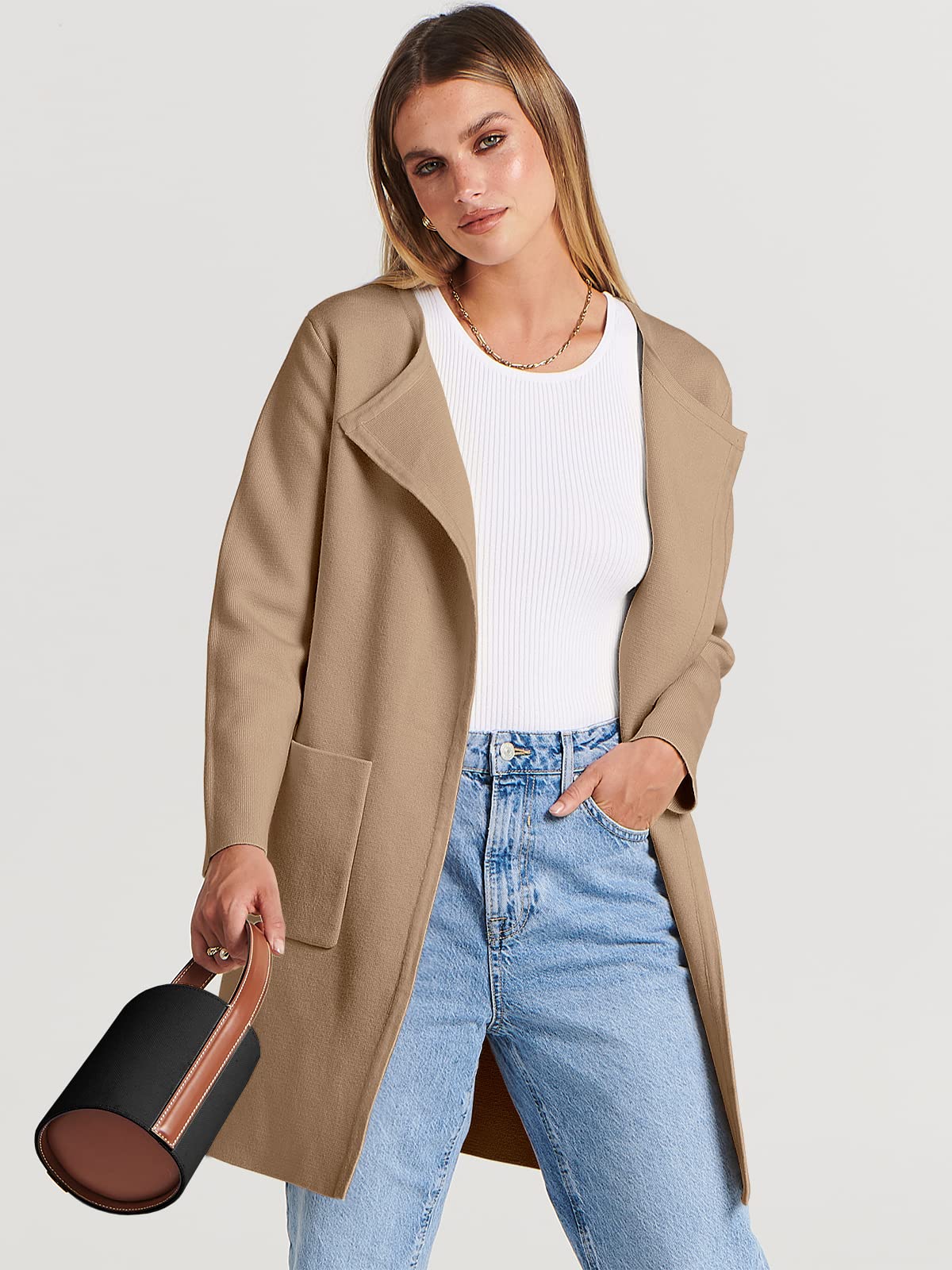 ANRABESS Women's Open Front Knit Lightweight Cardigan Casual Long Coatigan Sweater Lady Jacket Coat 2024 Fall Outerwear Large Khaki