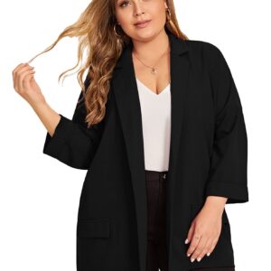 WDIRARA Women's Plus Size Long Sleeve Blazer Casual Open Front Cardigan Jacket Black 3XL