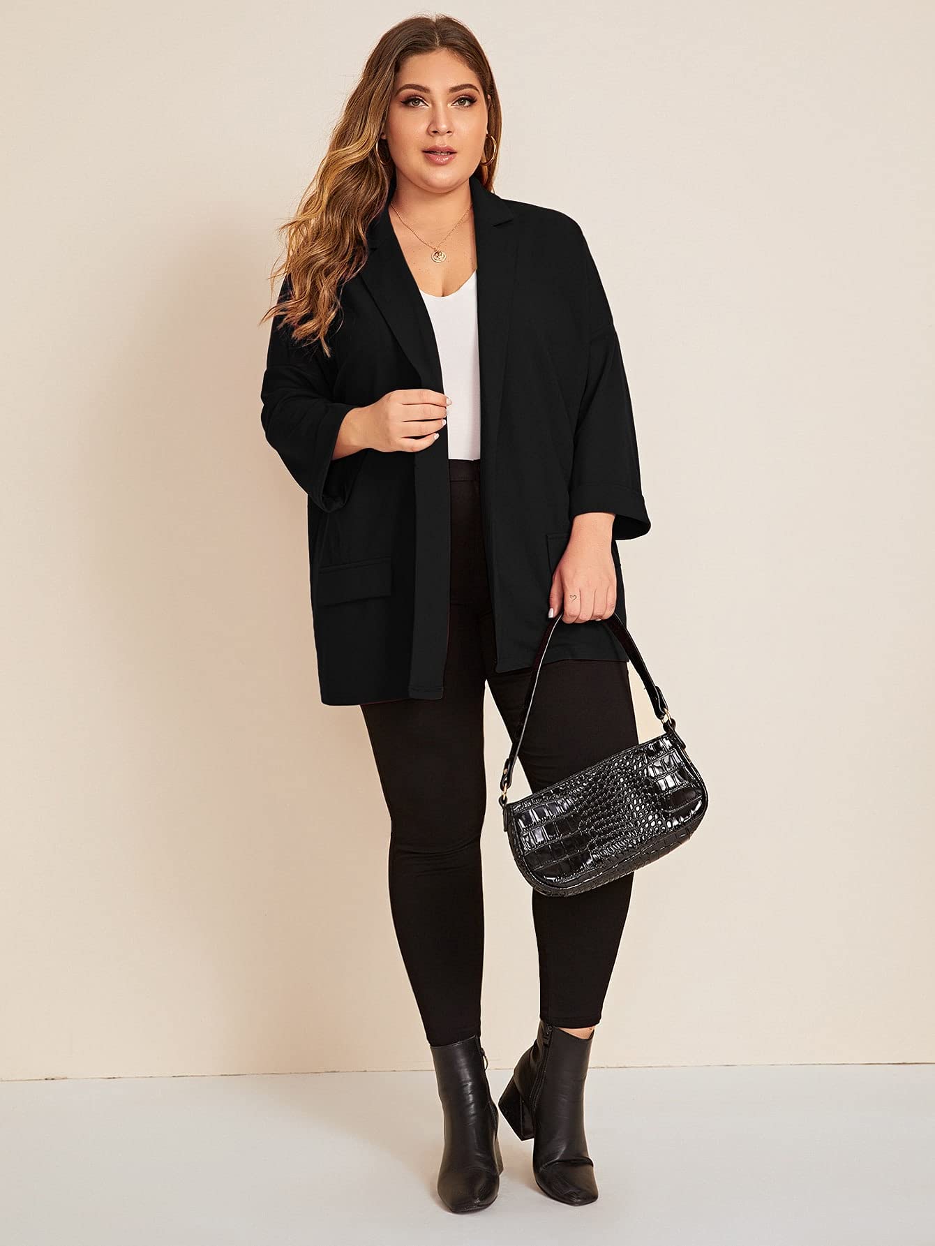 WDIRARA Women's Plus Size Long Sleeve Blazer Casual Open Front Cardigan Jacket Black 3XL