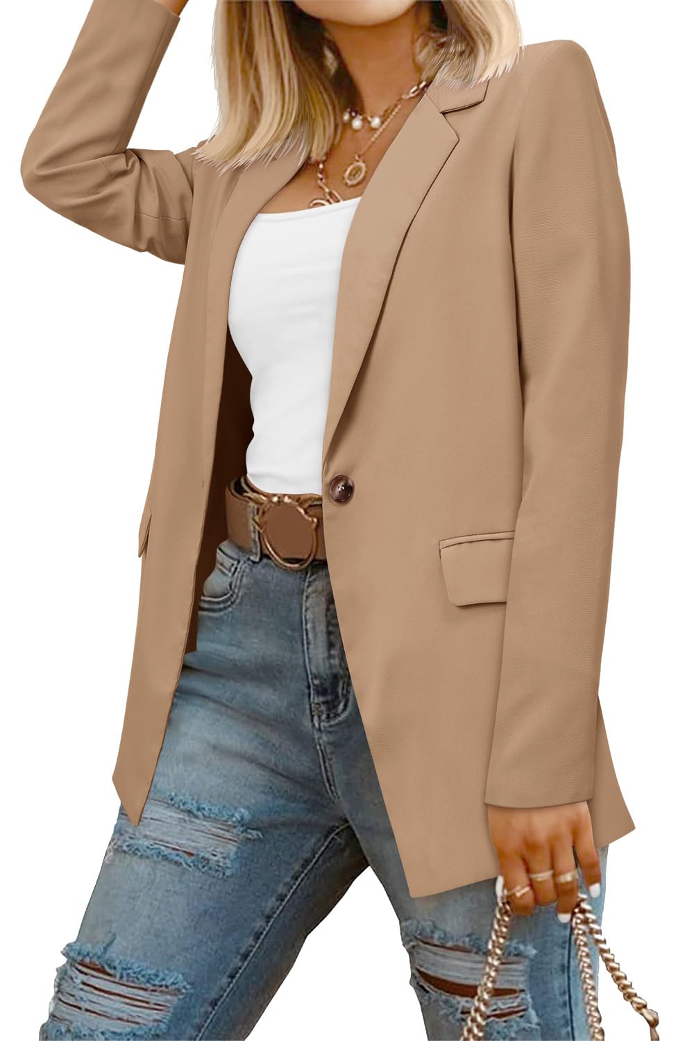 CRAZY GRID Women Business Casual Blazer Jacket Long Sleeve Fashion Blazer Ladies Buttons Work Professional Suit Jacket Oversized 2XL Khaki