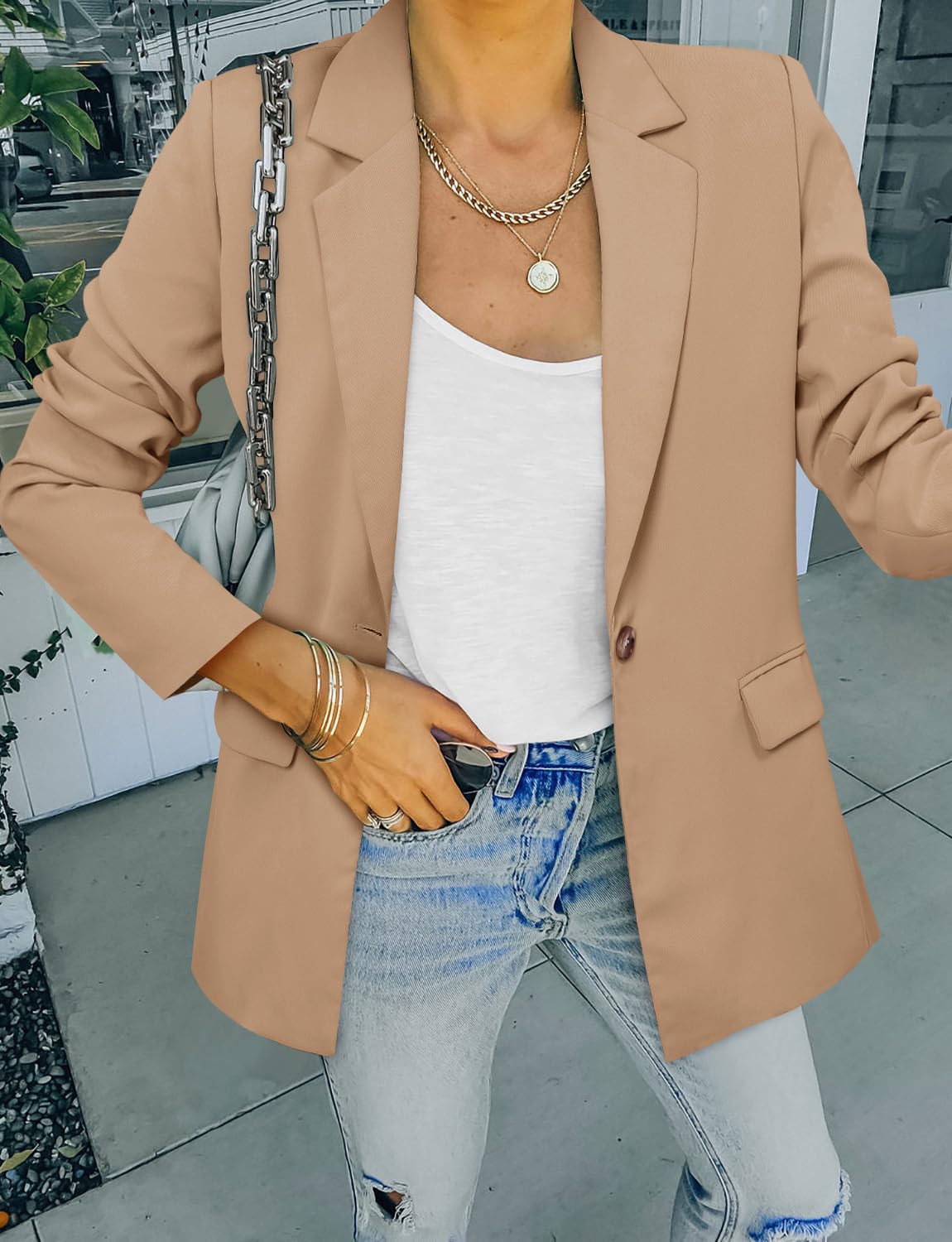 CRAZY GRID Women Business Casual Blazer Jacket Long Sleeve Fashion Blazer Ladies Buttons Work Professional Suit Jacket Oversized 2XL Khaki