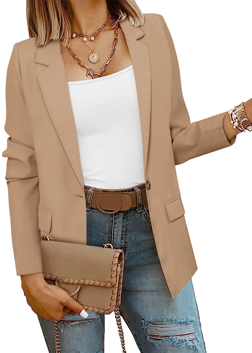 CRAZY GRID Women Business Casual Blazer Jacket Long Sleeve Fashion Blazer Ladies Buttons Work Professional Suit Jacket Oversized 2XL Khaki