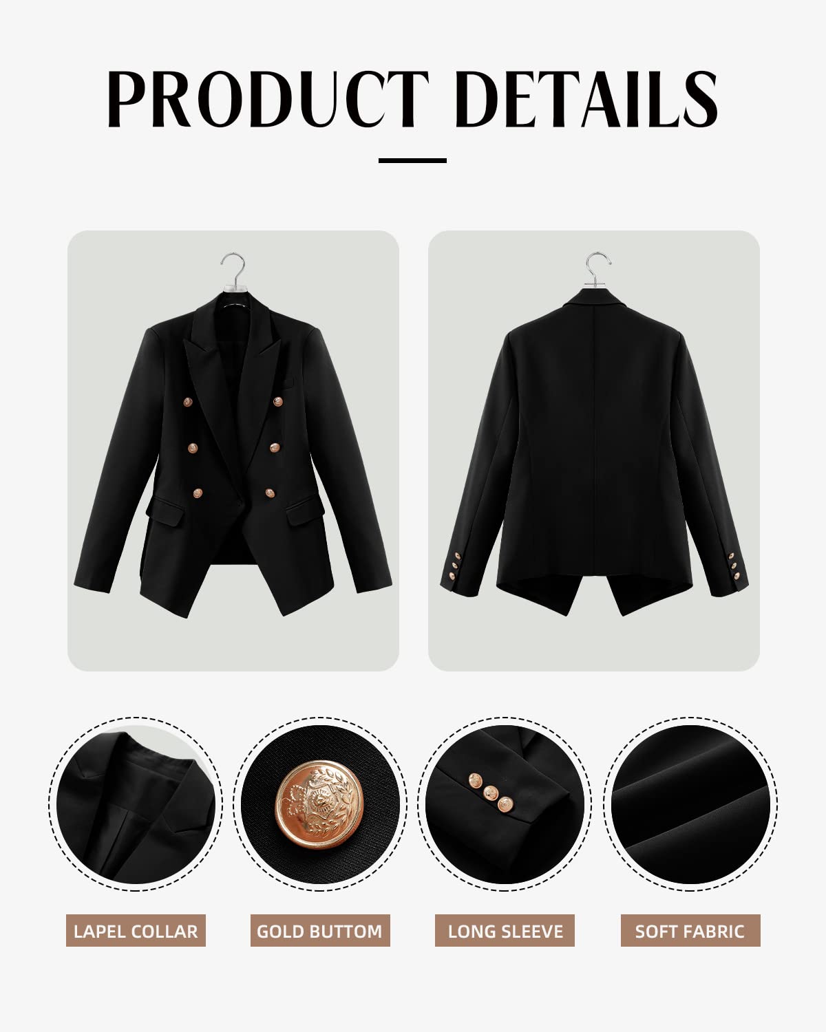 CRAZY GRID Womens Double Breasted Blazer Jackets Open Front Business Casual Suit Jacket Lapel Gold Button Long Sleeve Dressy Blazer Ladies Work Office Blazer Plus Size Black XX-Large