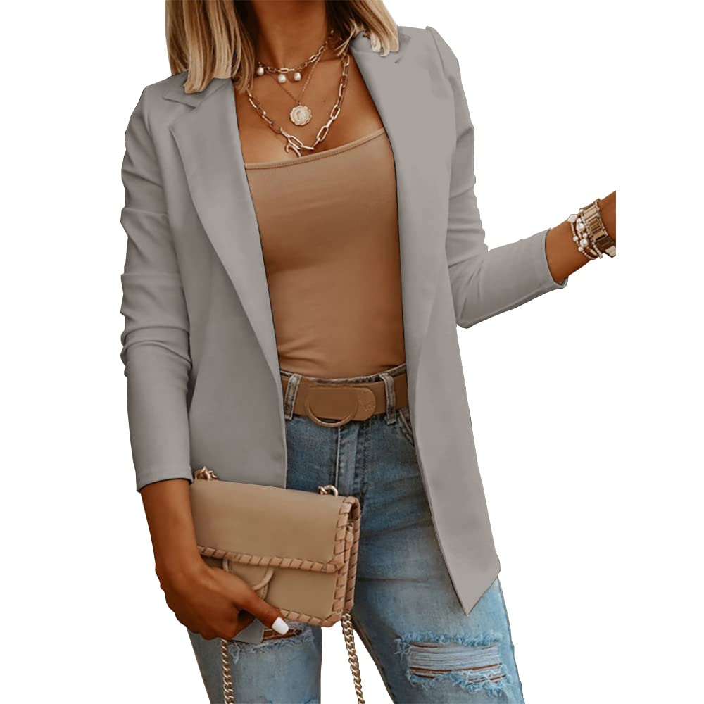 Womens Casual Long Sleeve Blazers Solid Color Knit Blazer Work Office Open Front Blazer Jacket Grey