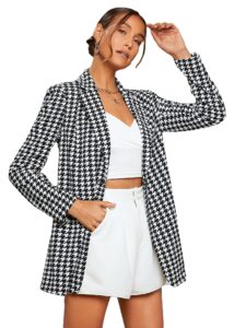 wdirara women's houndstooth button front blazer long sleeve jacket elegant outerwear black and white s