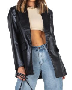 pepochic womens oversized leather jacket long sleeve faux leather blazer lapel button down leather shacket coat with pockets