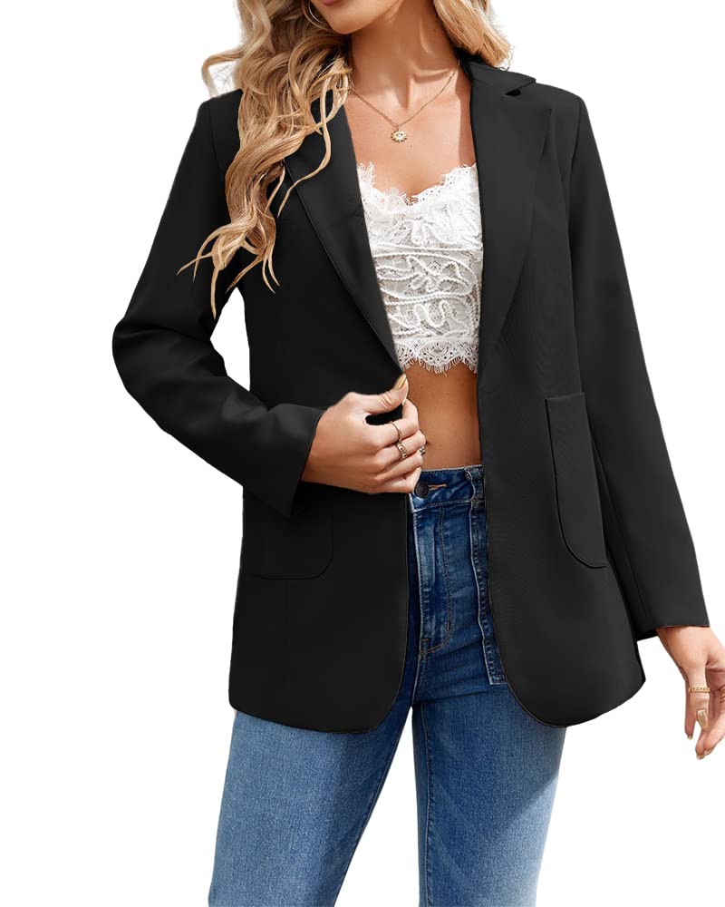 Cnkwei Womens Casual Blazers Open Front Long Sleeve Lapel Collar Work Office Jacket Black