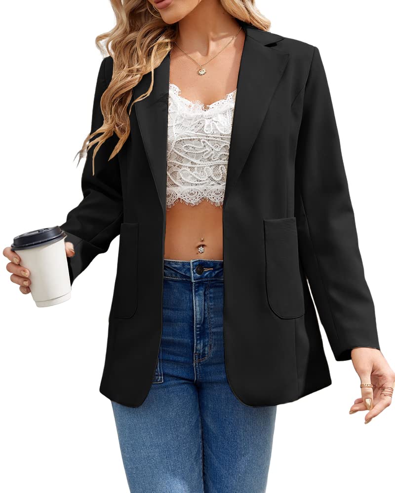 Cnkwei Womens Casual Blazers Open Front Long Sleeve Lapel Collar Work Office Jacket Black