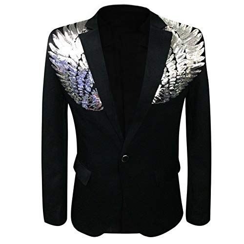 Men's Wedding Sequin Wing Stage Clothes Premium Suit Jacket Blazer Coat (Medium, Black)