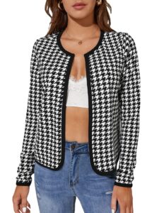 wdirara women's houndstooth open front long sleeve plaid work office elegant jacket black and white tall s