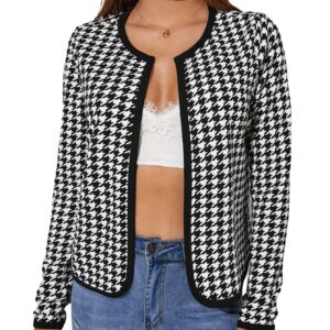 WDIRARA Women's Houndstooth Open Front Long Sleeve Plaid Work Office Elegant Jacket Black and White Tall S