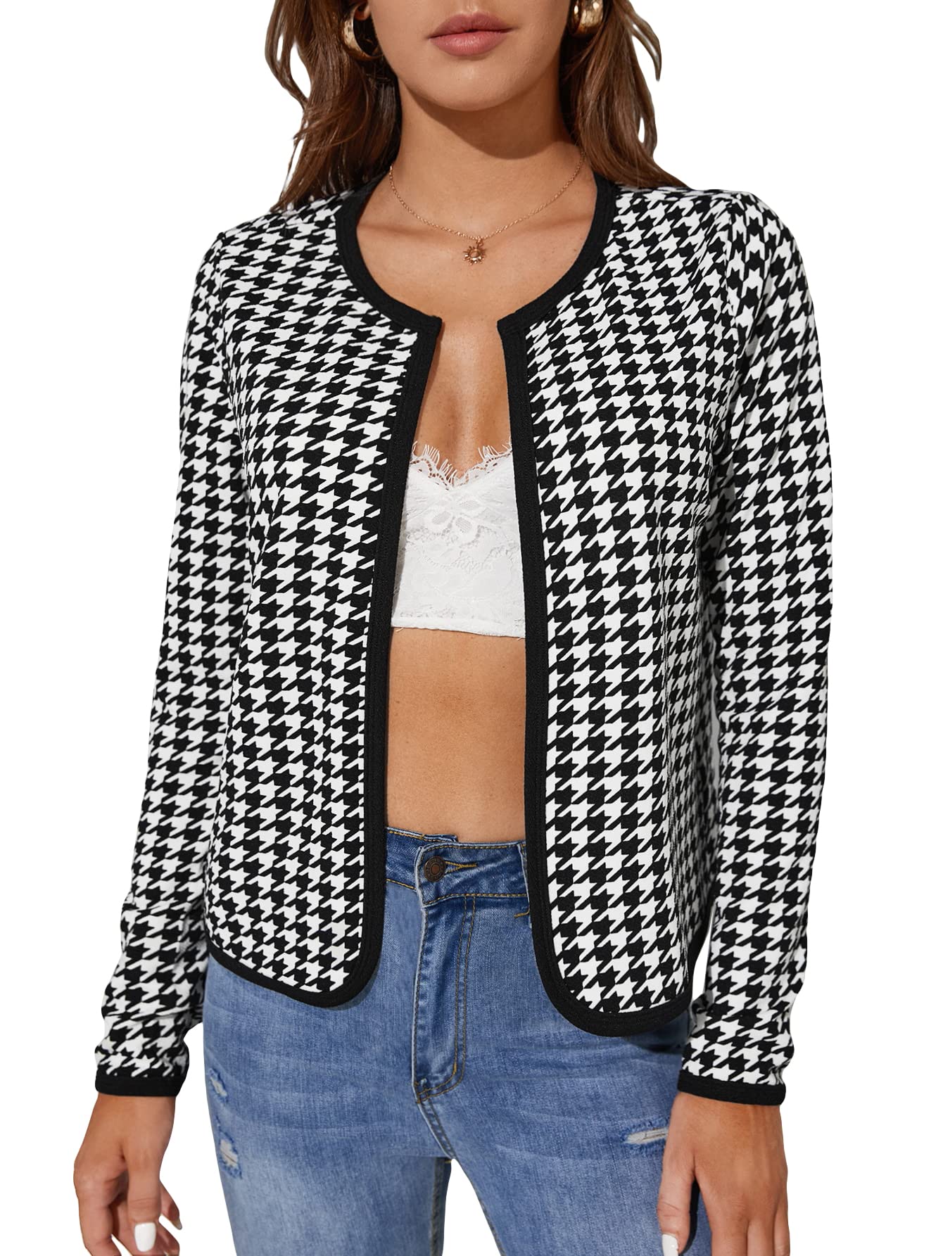 WDIRARA Women's Houndstooth Open Front Long Sleeve Plaid Work Office Elegant Jacket Black and White Tall S