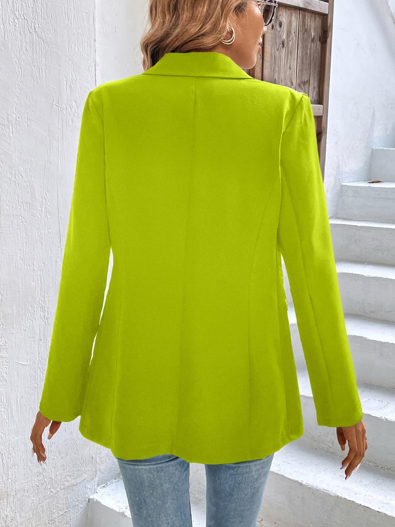 WDIRARA Women's Lapel Neck Open Front Blazer Long Sleeve Pocket Button Front Jacket Lime Green M