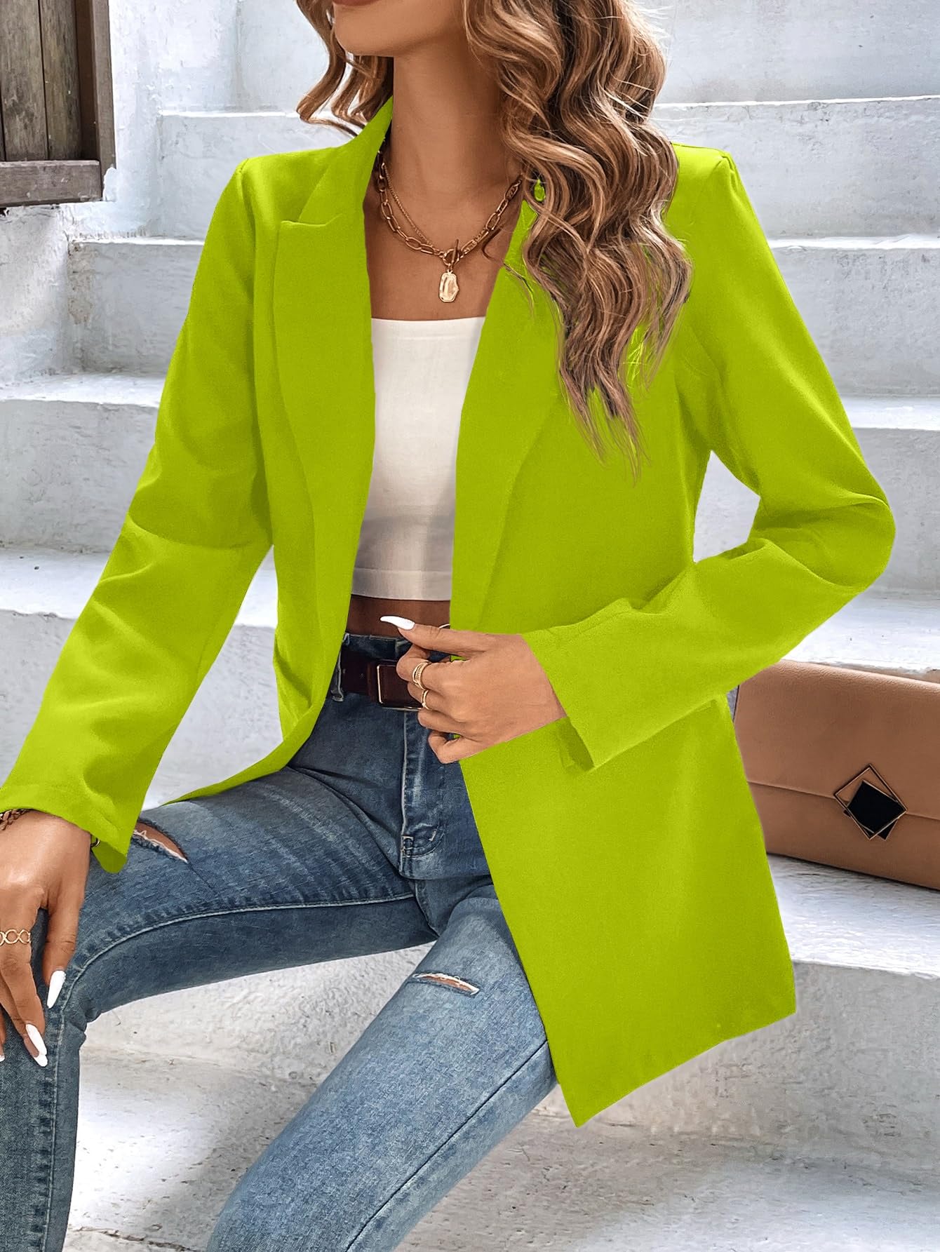 WDIRARA Women's Lapel Neck Open Front Blazer Long Sleeve Pocket Button Front Jacket Lime Green M