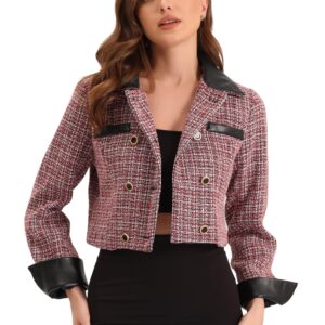 Allegra K Tweed Plaid Blazer for Women's Contrast Collar Double Breasted Vintage Cropped Jackets X-Large Red