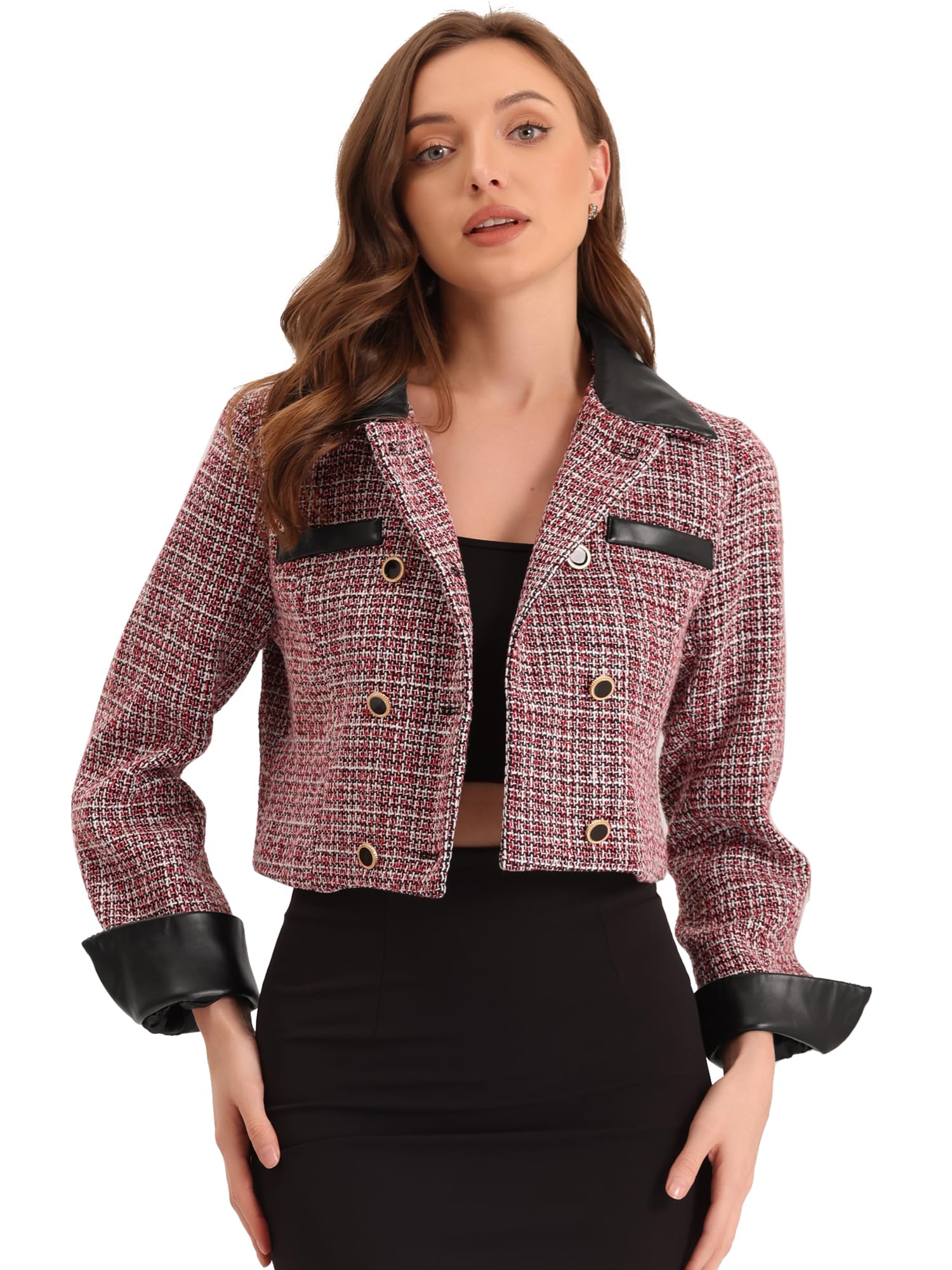 Allegra K Tweed Plaid Blazer for Women's Contrast Collar Double Breasted Vintage Cropped Jackets X-Large Red