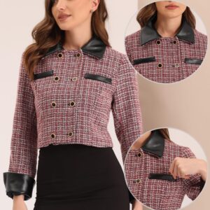 Allegra K Tweed Plaid Blazer for Women's Contrast Collar Double Breasted Vintage Cropped Jackets X-Large Red