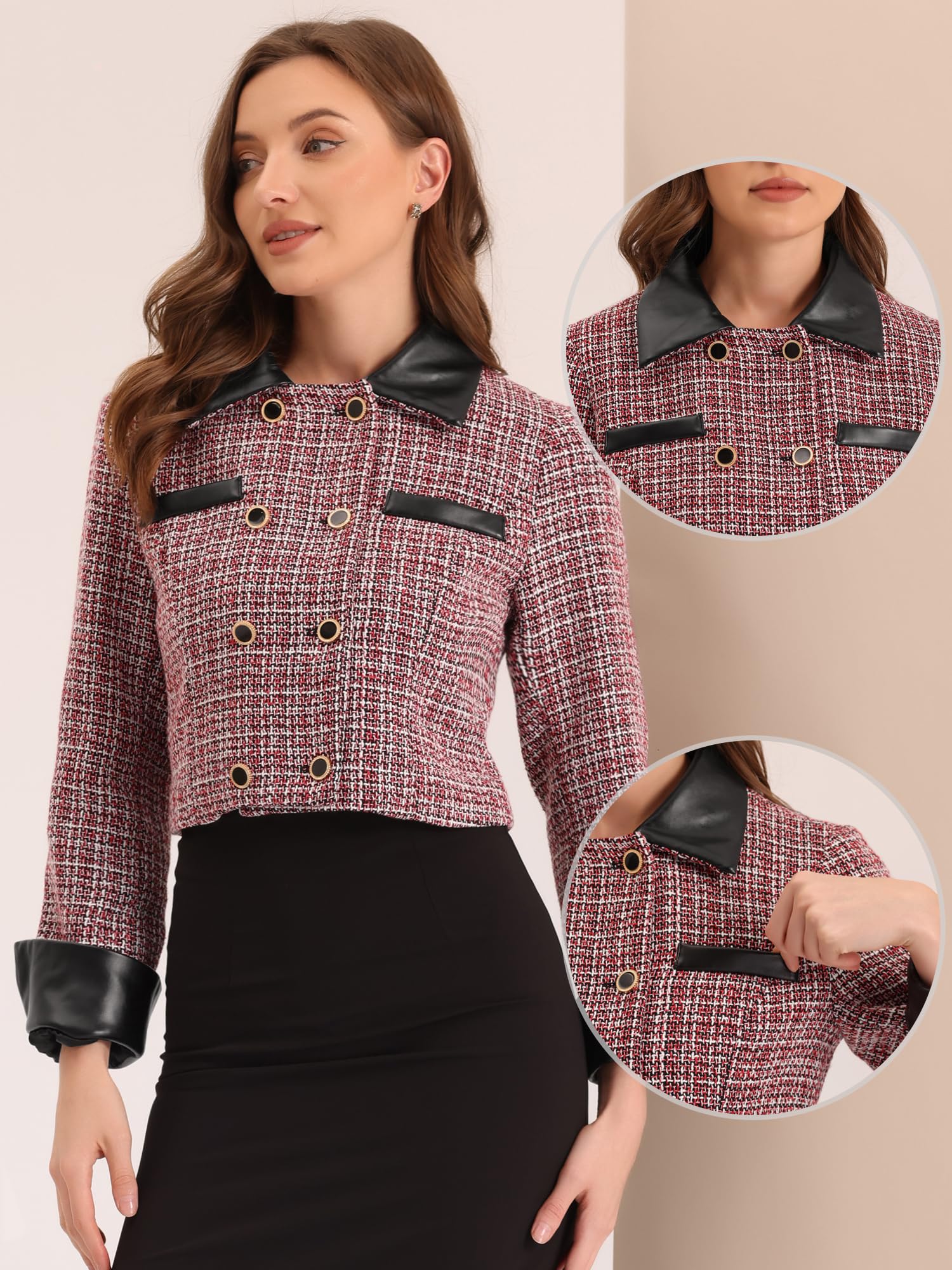 Allegra K Tweed Plaid Blazer for Women's Contrast Collar Double Breasted Vintage Cropped Jackets X-Large Red