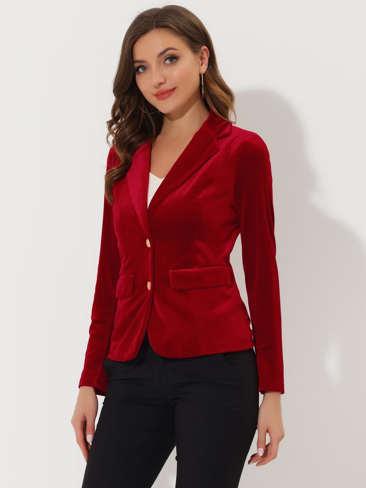 Allegra K Velvet Blazers for Women's Party Notched Lapel Single Breasted Long Sleeve Blazer Small Red