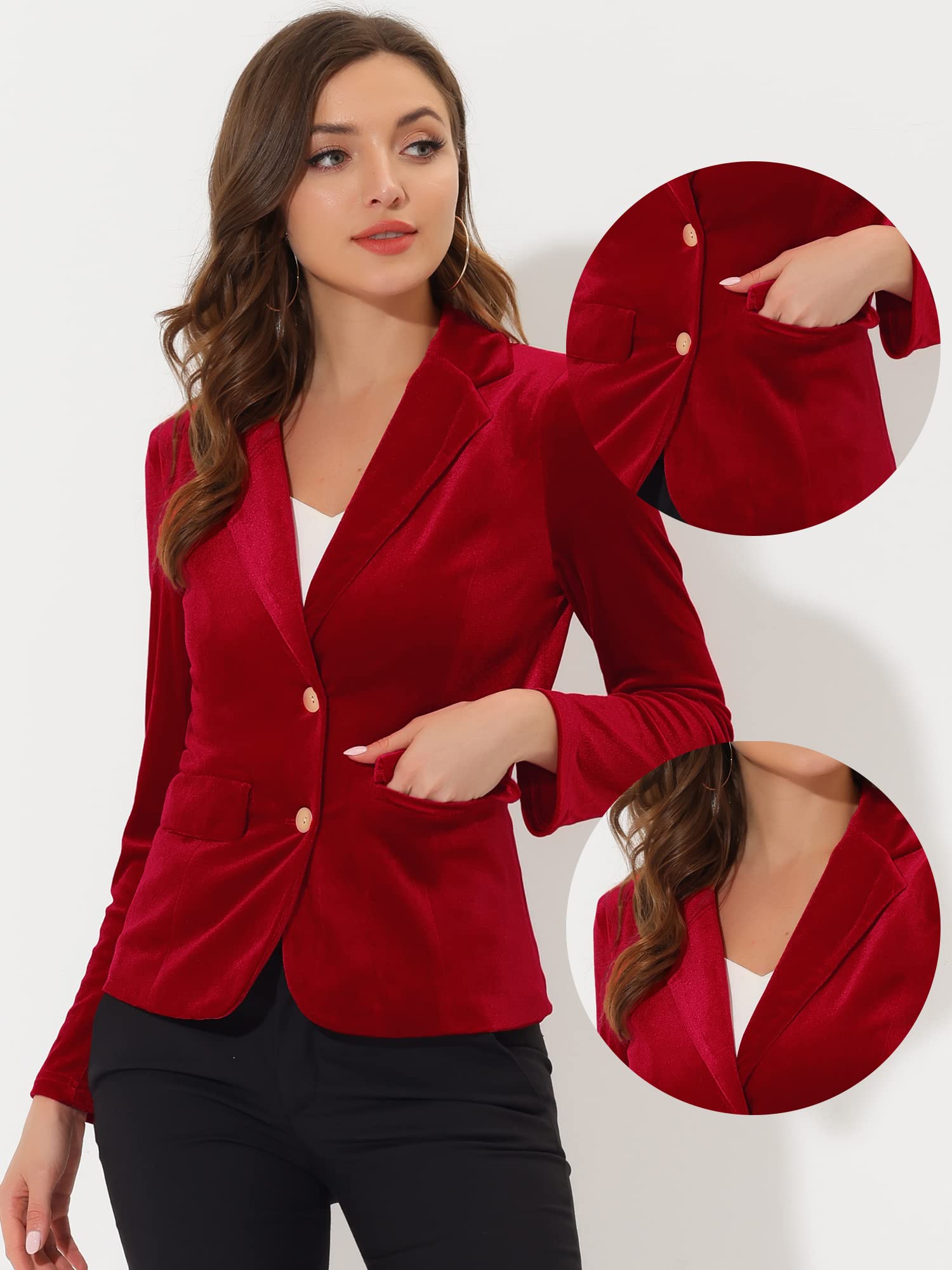 Allegra K Velvet Blazers for Women's Party Notched Lapel Single Breasted Long Sleeve Blazer Small Red