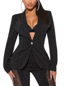 wdirara women's sequin glitter v neck blazer long sleeve button front open front blazer stand collar jacket waistcoat black l