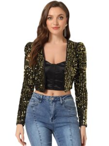 allegra k women's sequin shrug open front collarless christmas glitter sparkly crop blazer jacket small black gold