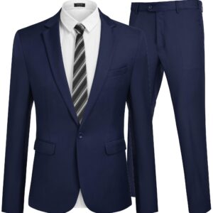 COOFANDY Men 2 Piece Suit Jacket Dress Business Blazer Tuxedo Wedding Suit Pant Navy Blue