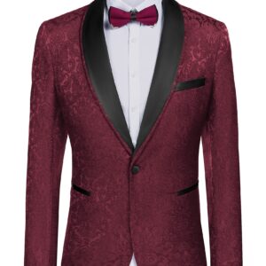 COOFANDY Men's Floral Tuxedo Suit Jacket Dinner Jacket Party Prom Wedding Blazer Jackets, Wine Red, XX-Large