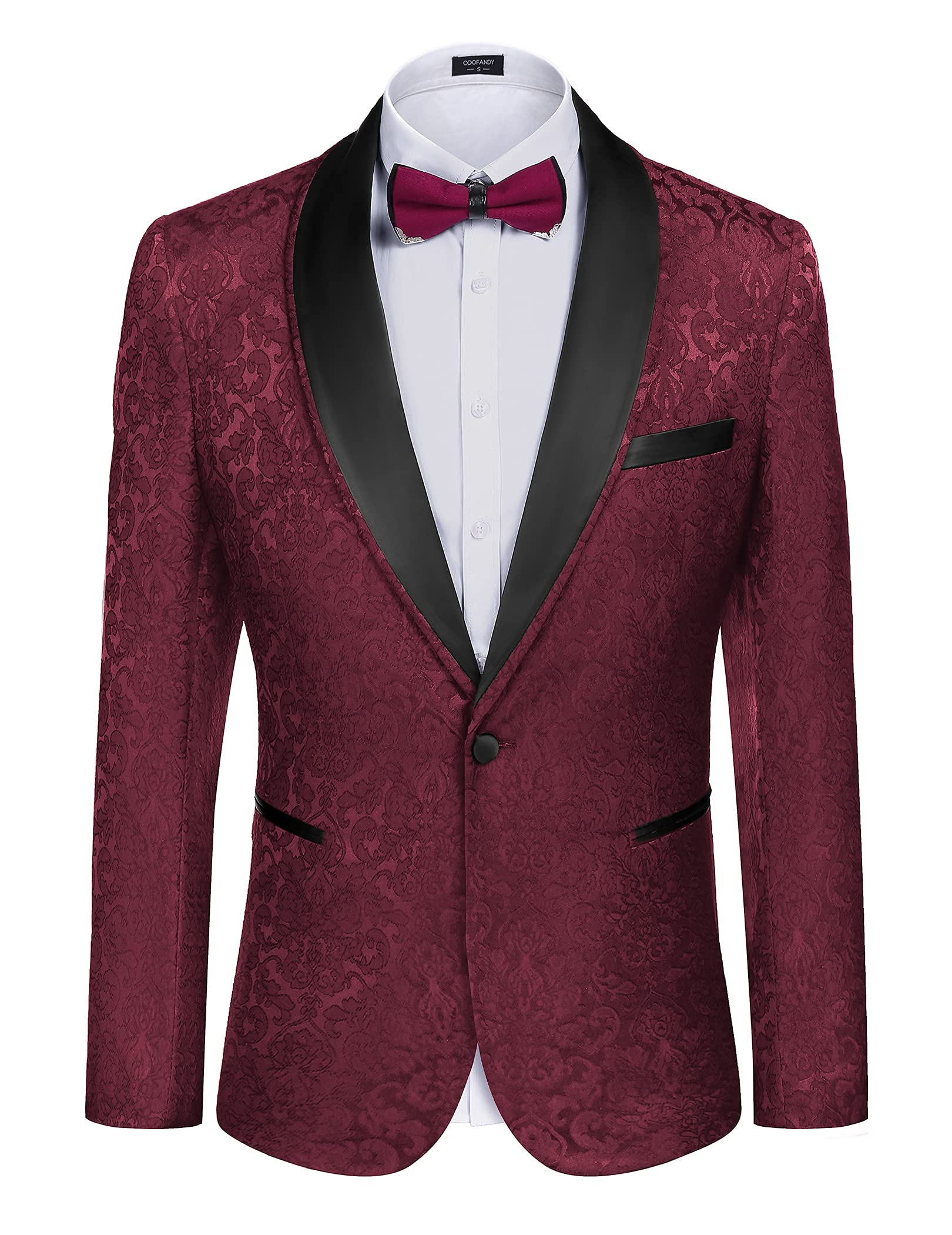 COOFANDY Men's Floral Tuxedo Suit Jacket Dinner Jacket Party Prom Wedding Blazer Jackets, Wine Red, XX-Large