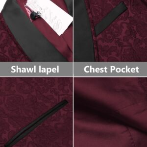 COOFANDY Men's Floral Tuxedo Suit Jacket Dinner Jacket Party Prom Wedding Blazer Jackets, Wine Red, XX-Large