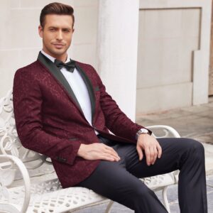 COOFANDY Men's Floral Tuxedo Suit Jacket Dinner Jacket Party Prom Wedding Blazer Jackets, Wine Red, XX-Large