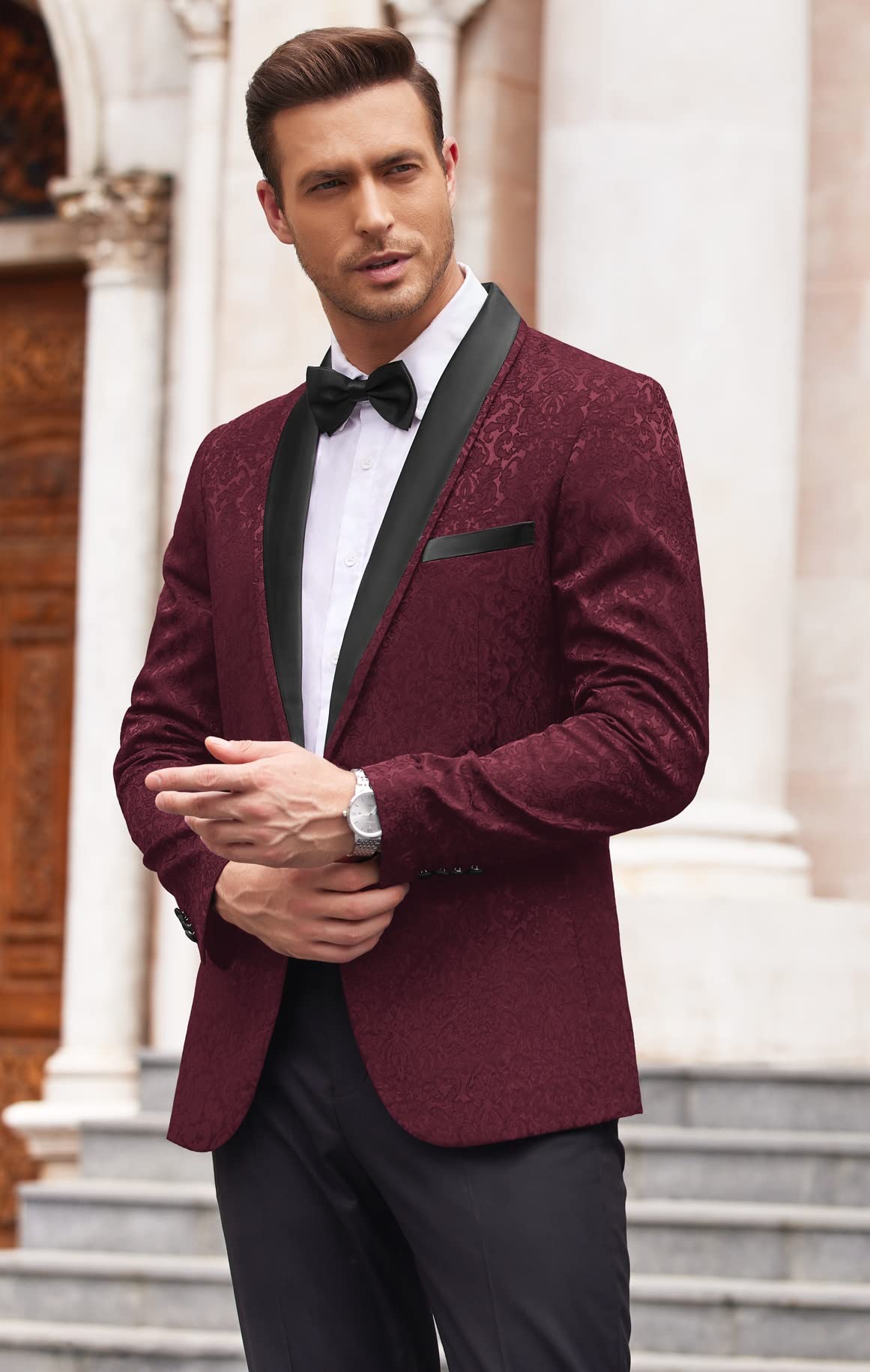 COOFANDY Men's Floral Tuxedo Suit Jacket Dinner Jacket Party Prom Wedding Blazer Jackets, Wine Red, XX-Large