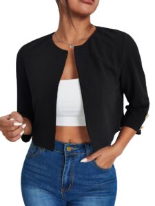 wdirara women's open front 3/4 sleeve button cuff crop blazer casual jackets black s