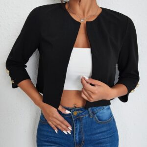 WDIRARA Women's Open Front 3/4 Sleeve Button Cuff Crop Blazer Casual Jackets Black S