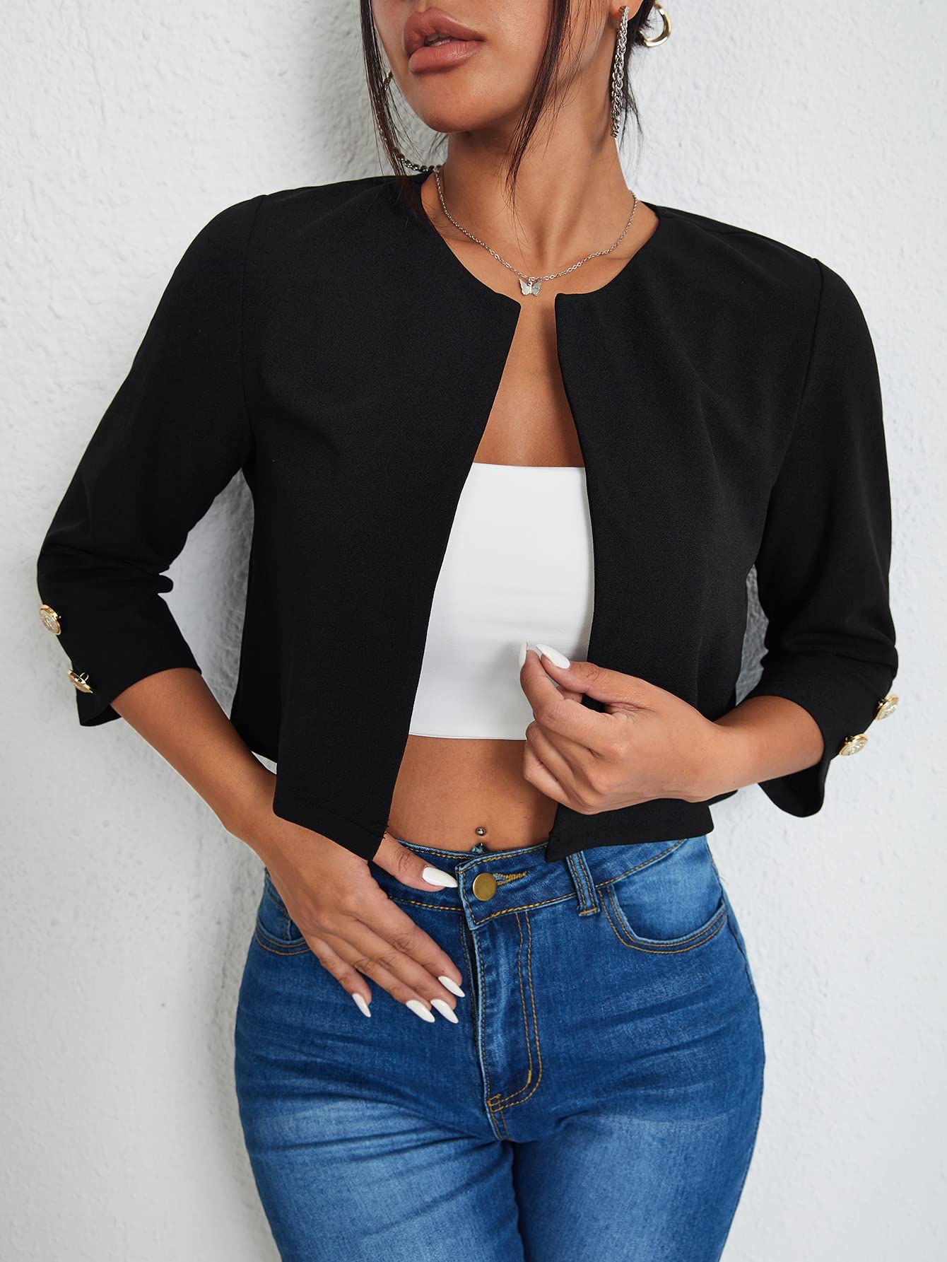 WDIRARA Women's Open Front 3/4 Sleeve Button Cuff Crop Blazer Casual Jackets Black S