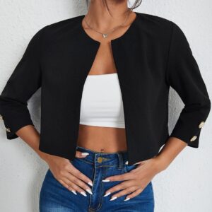 WDIRARA Women's Open Front 3/4 Sleeve Button Cuff Crop Blazer Casual Jackets Black S