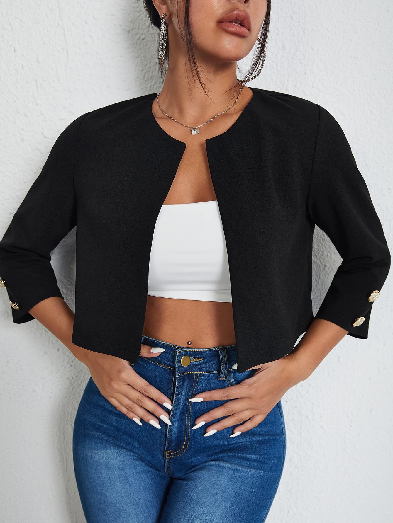 WDIRARA Women's Open Front 3/4 Sleeve Button Cuff Crop Blazer Casual Jackets Black S