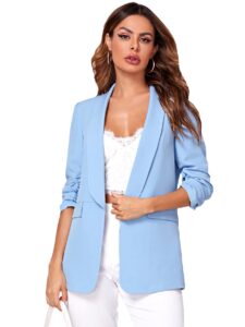 wdirara women's open front ruched half sleeve blazer elegant office work jacket pure plain blue xs