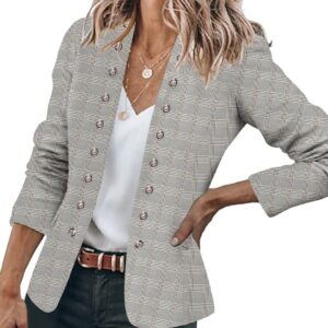 GRAPENT Women's Plaid Business Casual Buttons Pockets Open Front Blazer Suit Cardigan Outerwear Large (Fits US 12-US 14)