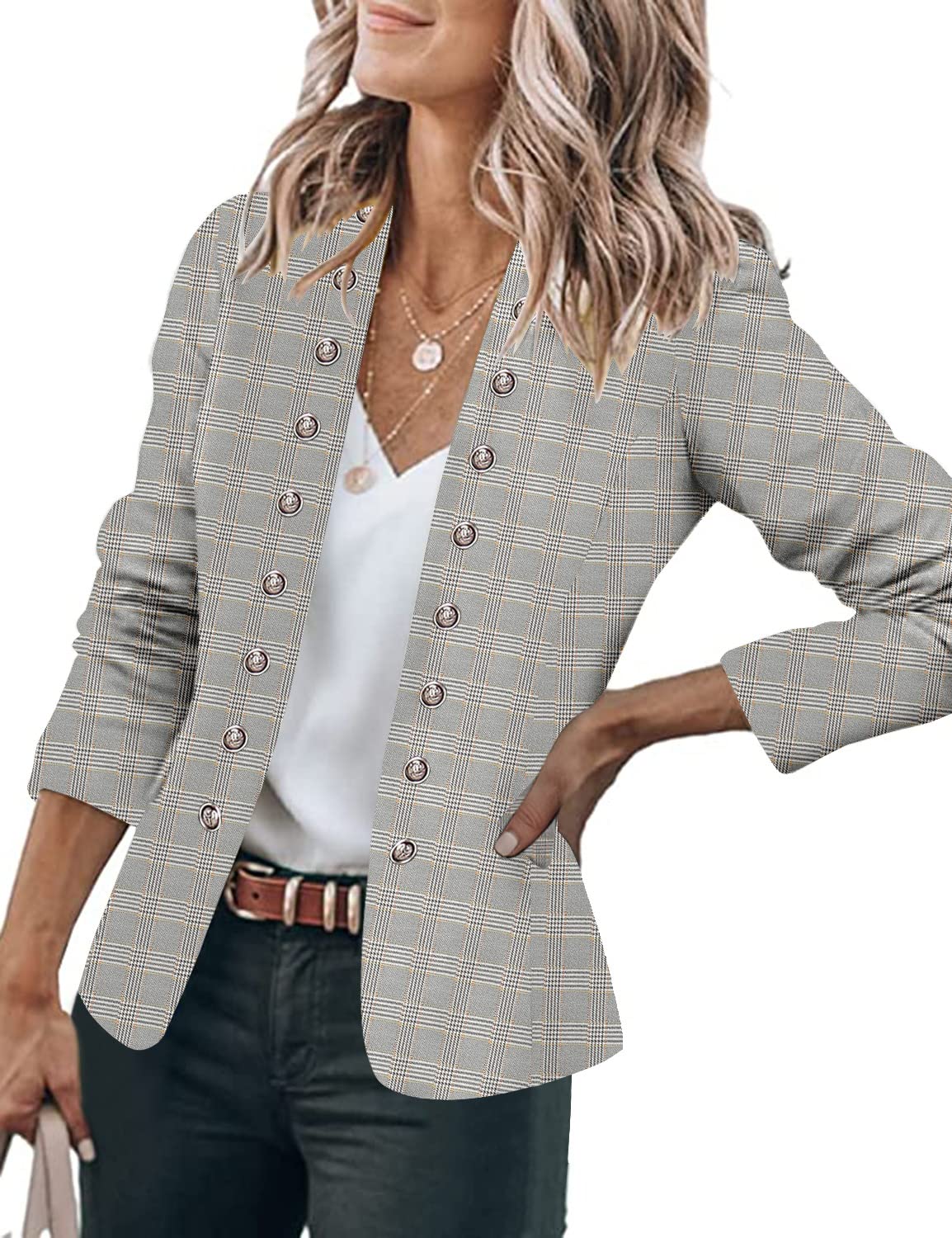 GRAPENT Women's Plaid Business Casual Buttons Pockets Open Front Blazer Suit Cardigan Outerwear Large (Fits US 12-US 14)