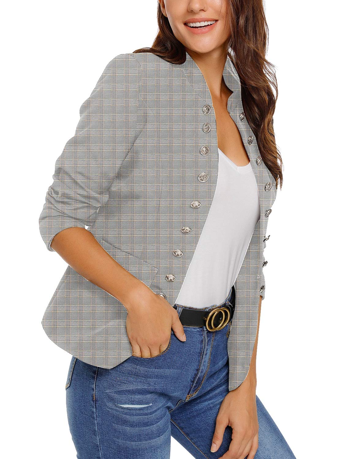 GRAPENT Women's Plaid Business Casual Buttons Pockets Open Front Blazer Suit Cardigan Outerwear Large (Fits US 12-US 14)