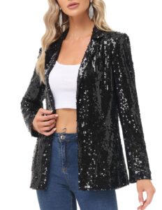 women long sleeve sequin blazer casual open front sparkly jackets for party with pockets black s