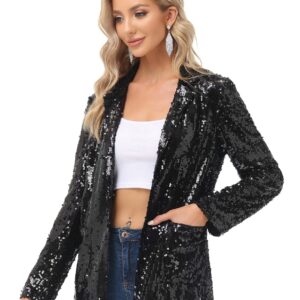 Women Long Sleeve Sequin Blazer Casual Open Front Sparkly Jackets for Party with Pockets Black S